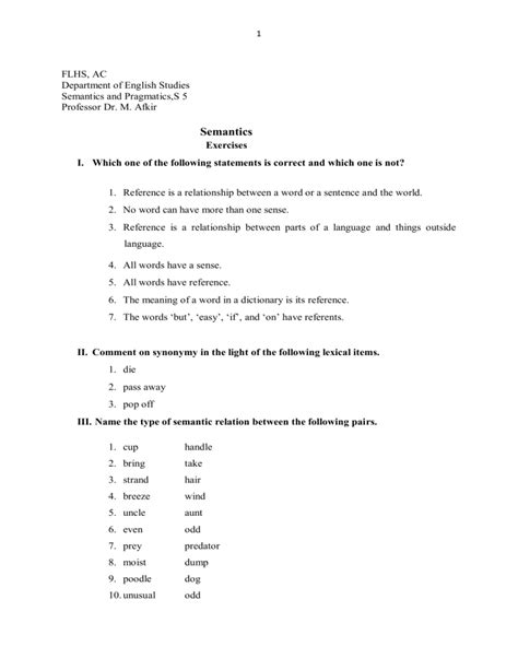 Semantics Exercises Reference Synonymy And Relations