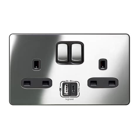 Synergy Sleek 2 Gang Switched Single Pole Bs Socket Outlet 13a Usb Chargers Type Aandc Polished