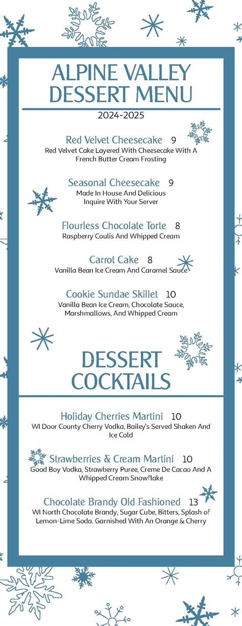 Fireside Menu Alpine Valley Resort