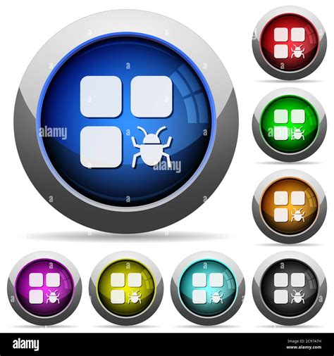 Component Bug Icons In Round Glossy Buttons With Steel Frames Stock