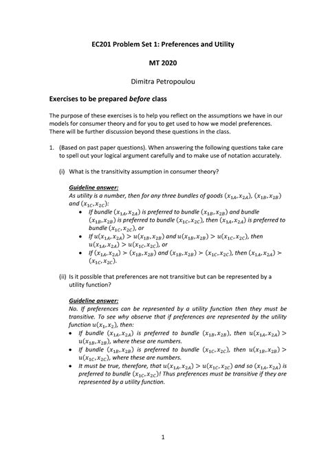 Problem Set 1 Solutions 1 EC201 Problem Set 1 Preferences And Utility MT 2020 Dimitra Studocu