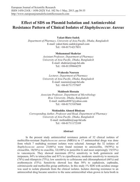 Pdf Effect Of Sds On Plasmid Isolation And Antimicrobial Resistance