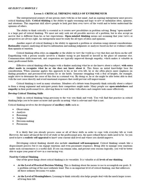 Entrep Mind Module 1 Pdf Mindset Critical Thinking