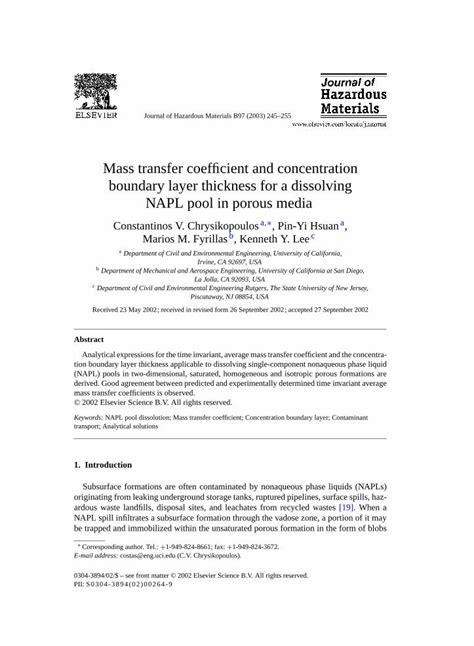 Pdf Mass Transfer Coefficient And Concentration Boundary Layer Thickness For A Dissolving Napl