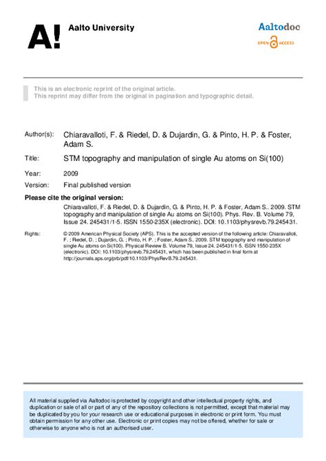 Pdf Stm Topography And Manipulation Of Single Au Atoms On Si 100