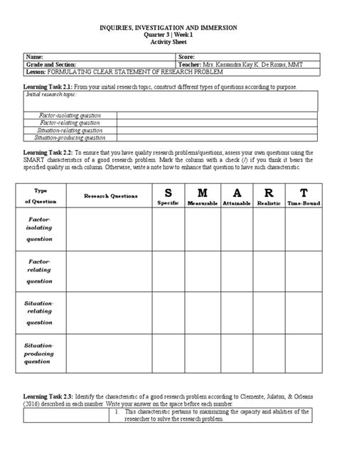 S M A R T Factor Isolating Question Factor Relating Question Situation