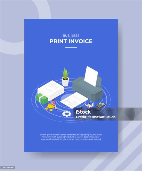 인쇄 송장 개념 주위의 사람들 큰 인쇄 기계 종이 계산기 아이소메트릭 스타일의 잡지 표지 및 포스터를 인쇄하기 위한 배너 및