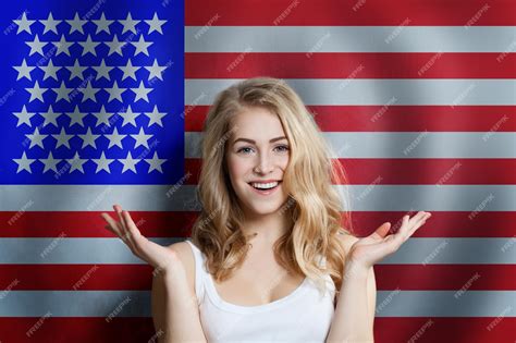 Premium Photo Surprised Cute Happy Girl With Usa Flag Background