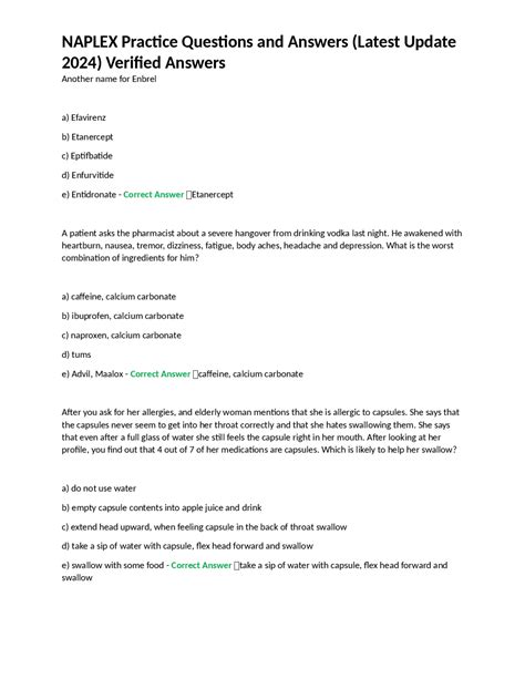 Naplex Practice Questions And Answers Latest Update 2024 Verified Answers Exams Nursing