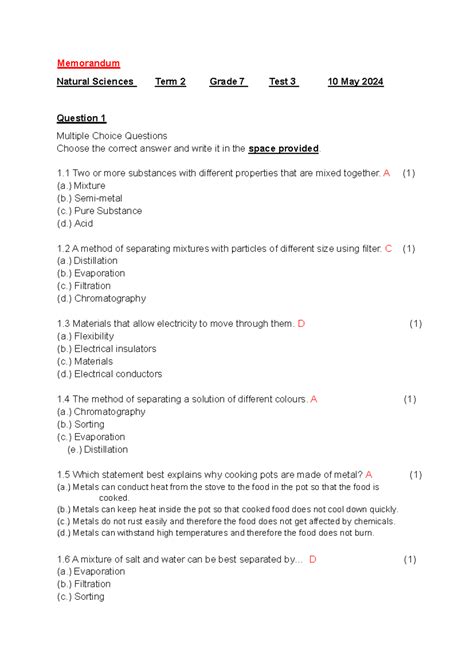 Grade 7 Ns Memo 3 Memorandum Natural Sciences Term 2 Grade 7 Test 3