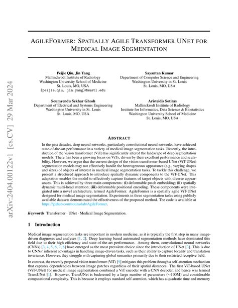 PDF AGILEFORMER SPATIALLY AGILE TRANSFORMER UNET FOR MEDICAL IMAGE SEGMENTATION