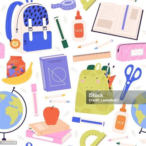 문구류 이음매 없는 패턴 학교 배낭 책 연필 만화 공부 시간 패브릭 인쇄입니다 교육 용품 지구본 인종 벡터 배경 문구류에 대한