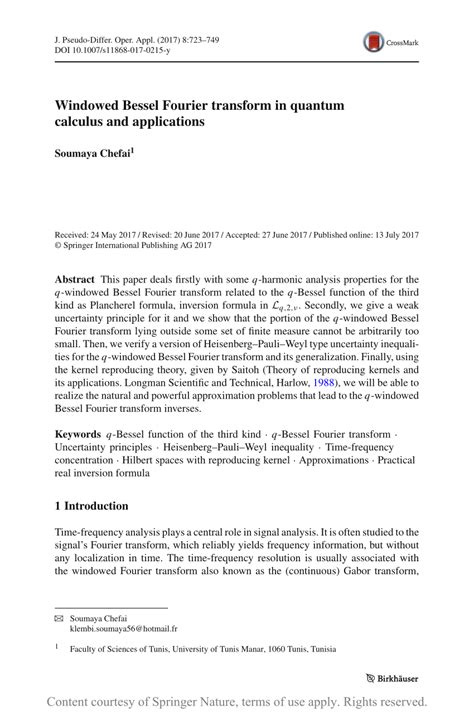Windowed Bessel Fourier Transform In Quantum Calculus And Applications Request Pdf