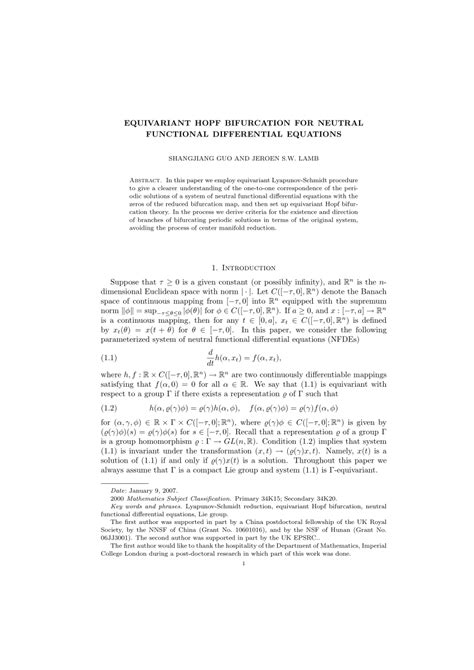 Pdf Equivariant Hopf Bifurcation For Neutral Functional Differential Equations