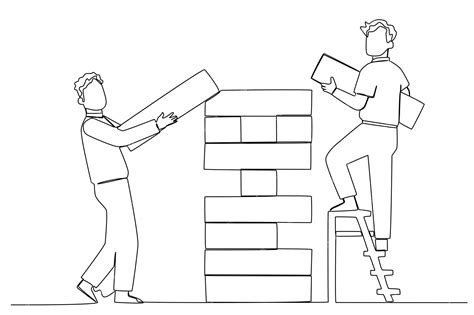premium vector two men working together to arrange the blocks one line art