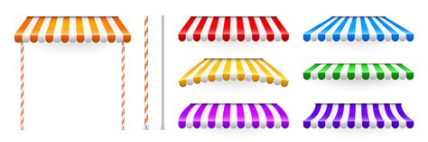 스탠드 홀더가 있는 다채로운 상점 차양 현실적인 줄무늬 카페 차양 야외 시장 텐트 지붕 캐노피 여름 거리 상점 벡터 그림 엔터테인먼트 텐트에 대한 스톡 벡터 아트 및 기타
