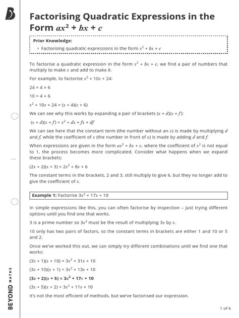 Factorising Quadratic Expressions Pdf Factorization Quadratic