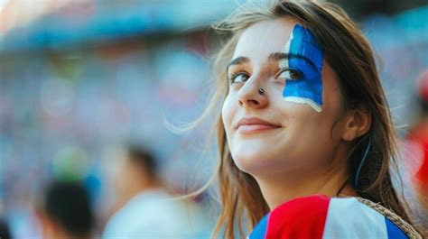 Beautiful Woman In A Stadium With Her Face Painted With The Flag Of