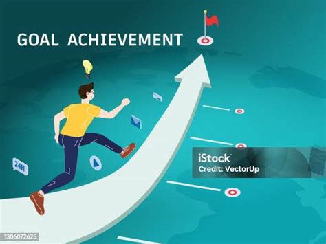 목표 업적 젊은 남자는 성공 성과를 완료하기 위해 결승선에 가는 길에 방향 화살표를 따라 실행합니다 우승 경쟁 일러스트레이션