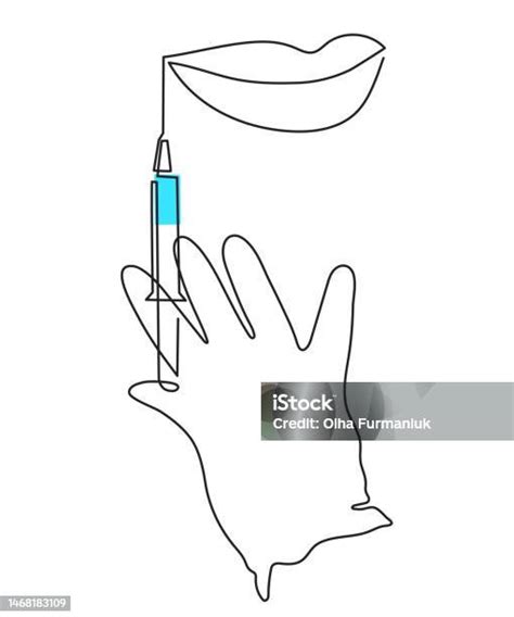 입술에 미용 장갑을 낀 손으로 주사기 한 라인 아트 연속 드로잉 윤곽 입안을 통통하게 만드는 치료 의료 개념 주사 보톡스 복용량 편집 가능한 획 건강관리와 의술에 대한 스톡