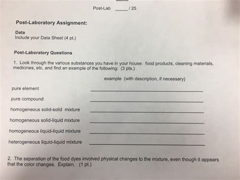 Solved Post Lab 25 Post Laboratory Assignment Data Include