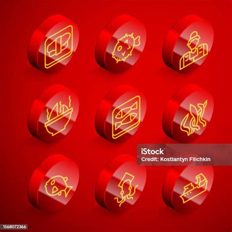 도마 생선 고슴도치 어부 상어 지느러미 수프 생선 통조림 해초 열대 및 문어 아이콘에 스시를 설정합니다 벡터 3차원 형태에 대한