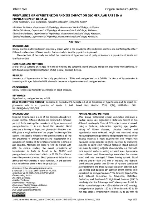 Pdf Prevalence Of Hypertension And Its Impact On Glomerular Rate In A