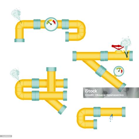 증기 또는 납 가스의 누출 파이프 라인의 파열로 깨진 파이프 수도꼭지 떨어지기 물 공급 문제 파이프 파손 흰색 배경에 격리된 바람 그림 0명에 대한 스톡 벡터 아트 및 기타