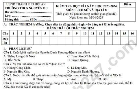Đề thi HK1 lớp 8 môn Lịch sử và Địa lý - THCS Nguyễn Du 2024