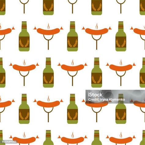 맥주와 소시지로 완벽한 패턴 복고풍 색상 팔레트의 아이콘 병 맥주와 소시지 평면 디자인의 식품 개념 포장지 벽지 직물에 인쇄를