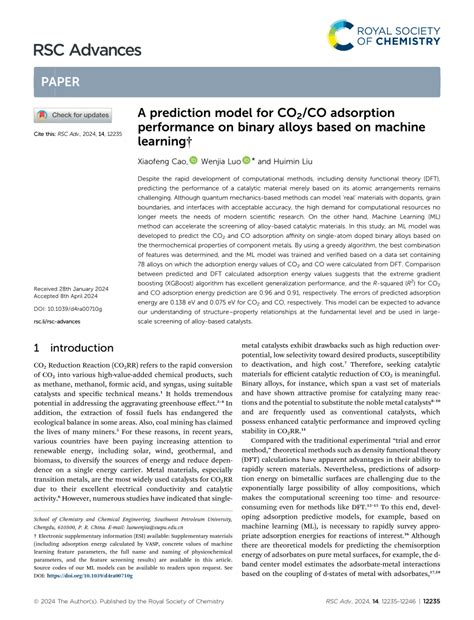 Pdf A Prediction Model For Co2co Adsorption Performance On Binary