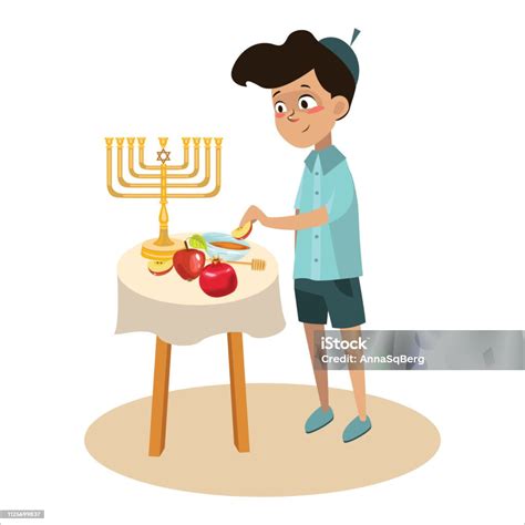 작은 소년 Yarmulke 꿀 애플 유대인 어린이 시 Hashanah에 꿀으로 애플 슬라이스를 찍기 먹어 행복 한 가족 축 유태인 새 해 벡터 일러스트 만화 흰색 절연