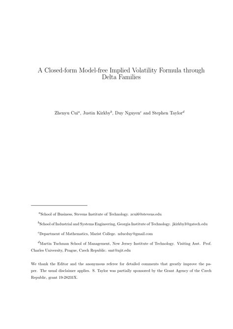Pdf A Closed Form Model Free Implied Volatility Formula Through Delta Sequences