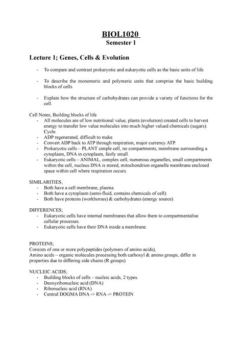 BIOL SEM Lecture Notes BIOL Semester Lecture Genes Cells Evolution To Compare