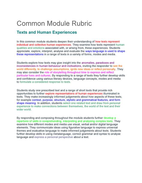Common Module Rubric Common Module Rubric Texts And Human Experiences In This Common Module