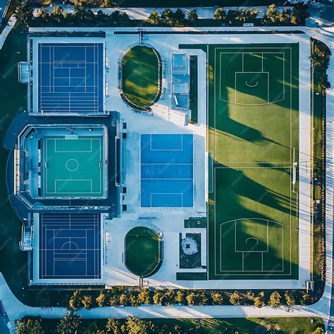 Aerial View Of A Multipurpose Sports Complex With Tennis Courts Soccer