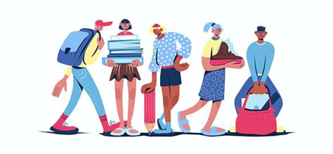 만화 웹 디자인의 학교 학습 개념 수업 시간에 함께 공부하는 사람들 책 책가방 숙제를 가진 십대 소년 소녀들 흰색 배경에 고립 된 평면 벡터 그림입니다 개념에 대한 스톡