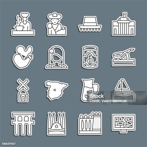 세트 라인 그림 예술 요트 범선 스페인어 자몬 모자 여자 와인 스킨 요리사 와 올리브 아이콘 수 있습니다 벡터 0명에 대한 스톡 벡터 아트 및 기타 이미지 Istock