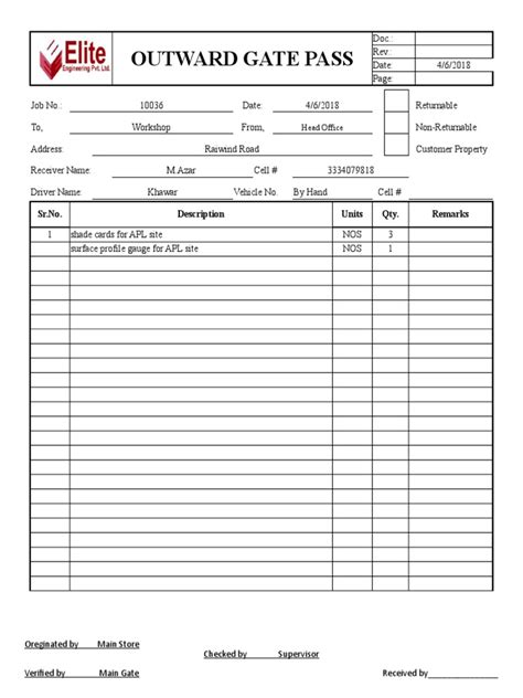 Outward Gate Pass Sr No Description Units Qty Remarks Pdf