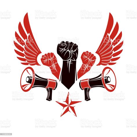 벡터 광고 포스터는 주먹을 쥐고 새 날개와 라우드 하일러 장비를 사용하여 만들었습니다 이데올로기의 방법으로 선전 Empire에