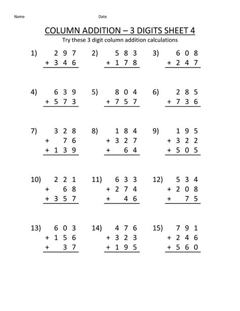 Printable Addition Sheets For 5th Graders Three Digit Plus Two Digit