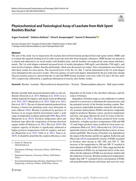 Physicochemical And Toxicological Assay Of Leachate From Malt Spent