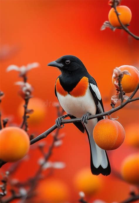 Ai Generator Image Of Black And White Bird Eats Fruit Bird Sits On A Beautiful Branch Stock