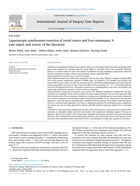 Pdf Laparoscopic Synchronous Resection Of Rectal Cancer And Liver Metastases A Case Report
