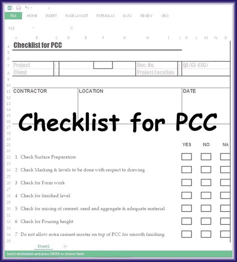 Checklist For Pcc Excel Sheet