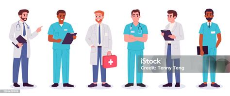남성 의사와 간호사 Terapist 구급 대원 및 남성 간호사 의료 클리닉 직원 평면 벡터 일러스트 레이 션 세트 병원 전문 직원 사람들에 대한 스톡 벡터 아트 및 기타