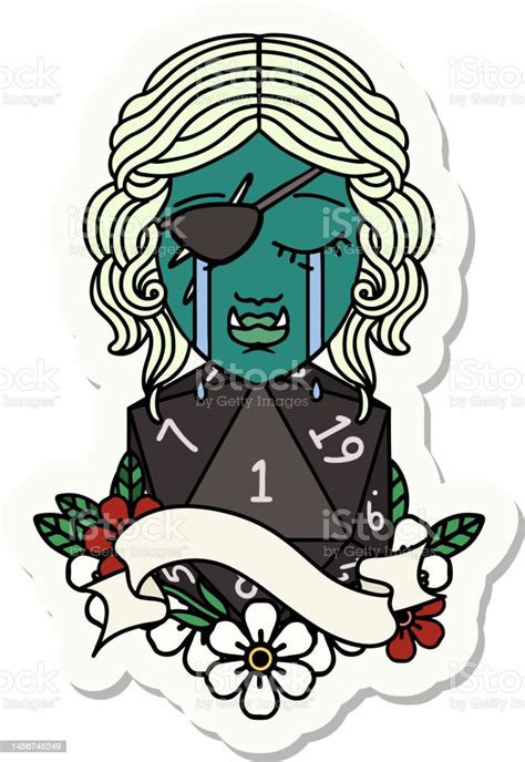 우는 오크 불량 캐릭터 얼굴의 스티커와 자연스러운 D20 주사위 굴림 굴리기에 대한 스톡 벡터 아트 및 기타 이미지 굴리기