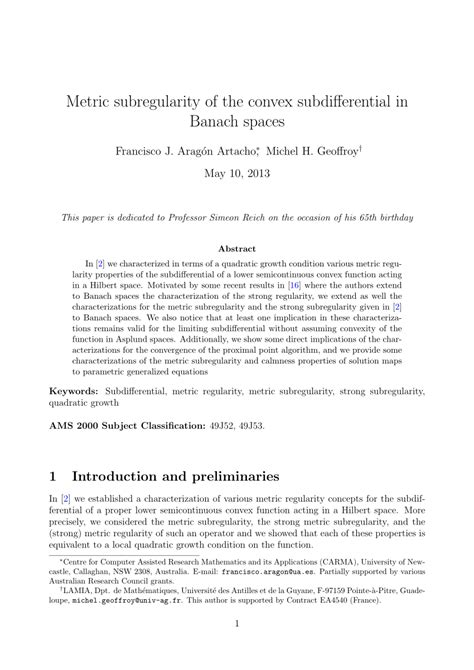 Pdf Metric Subregularity Of The Convex Subdifferential In Banach Spaces