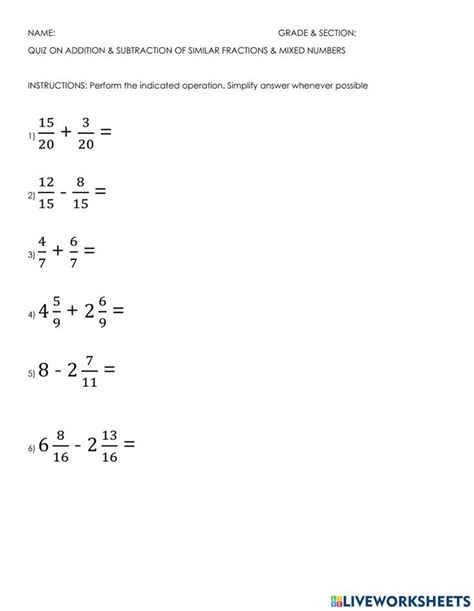 Addition And Subtraction Of Similar Fractions And Mixed Numbers Worksheet Subtraction Addition