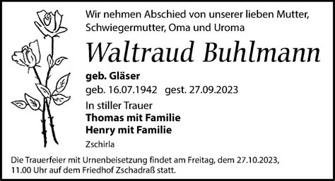 Traueranzeigen Von Waltraud Buhlmann Trauer Anzeigende